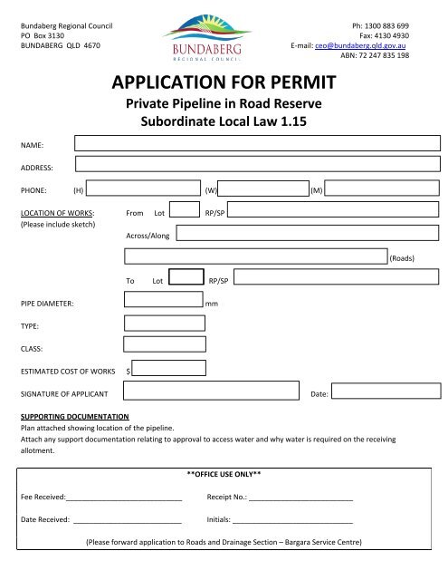 APPLICATION FOR PERMIT - Bundaberg Regional Council