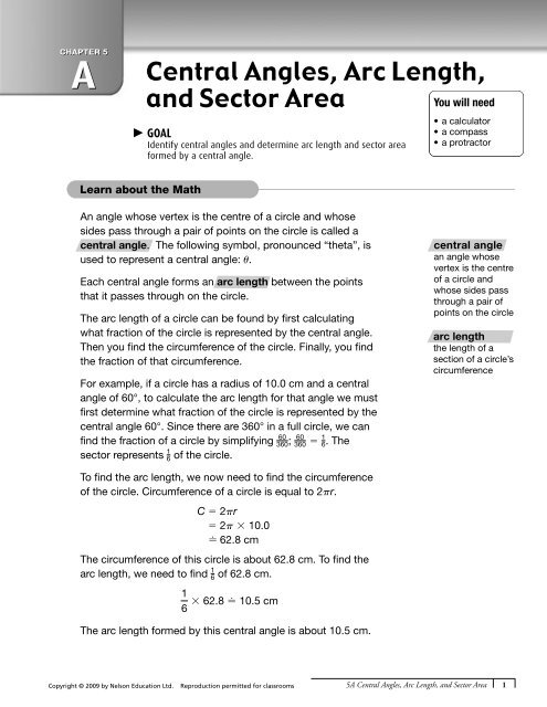 Central Angles, Arc Length, and Sector Area - Nelson Education