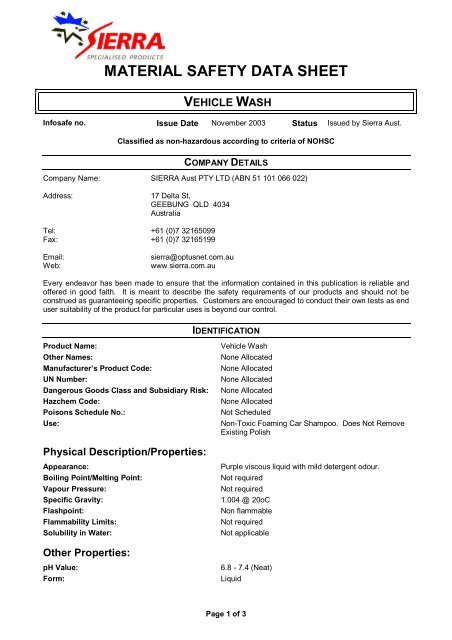 MSDS Vehicle Wash - Sierra (Aust)