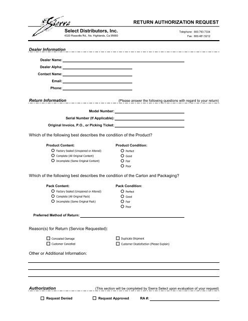 RA Request Form - Sierra Select Distributors