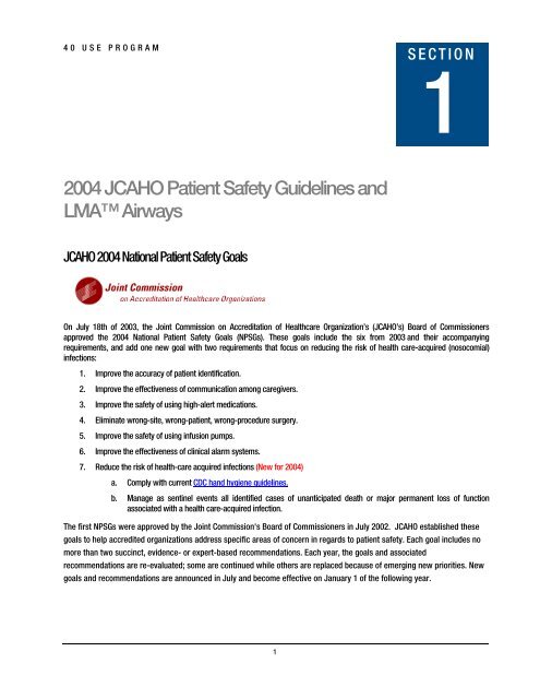 2004 JCAHO Patient Safety Guidelines and LMAâ ¢ Airways