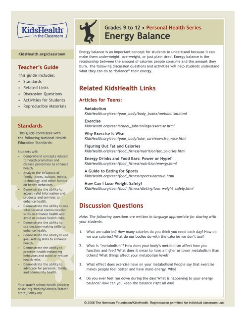 Energy Balance - KidsHealth in the Classroom