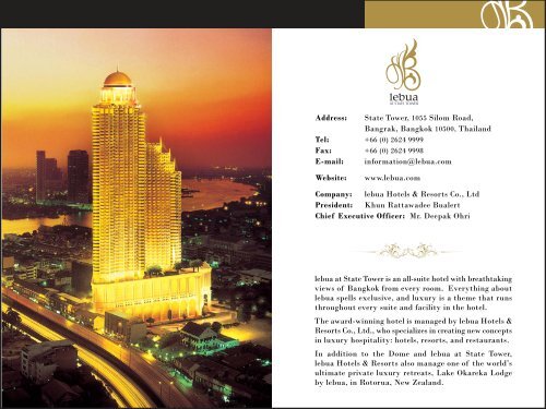 Address: State Tower, 1055 Silom Road, Bangrak, Bangkok ... - Lebua