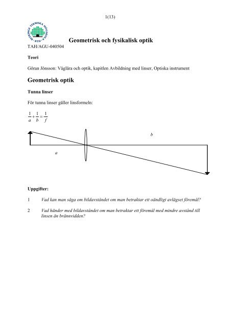 Geometrisk och fysikalisk optik Geometrisk optik