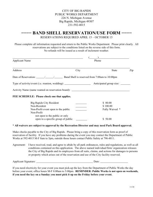 Bandshell Reservation Form - City of Big Rapids