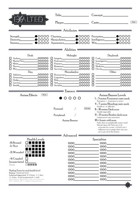 The complete character sheet - Standard - Exalted, character sheets