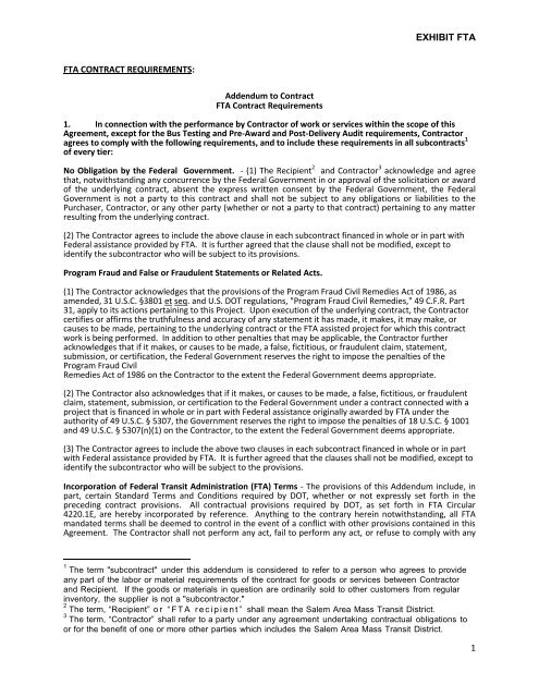 EXHIBIT FTA 1 FTA CONTRACT REQUIREMENTS: - Cherriots