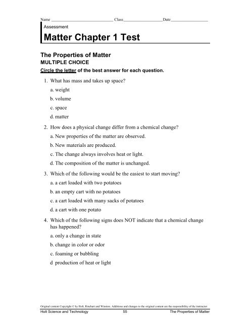 Matter Chapter 1 Test