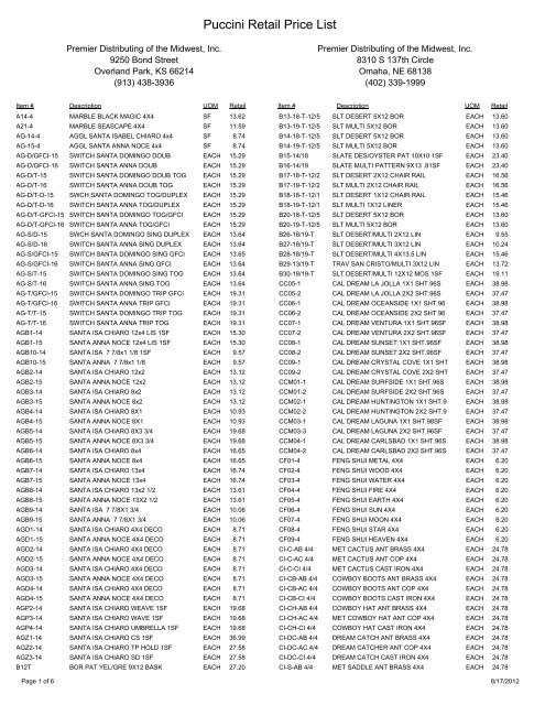 Puccini Retail Price List - Premier Distributing