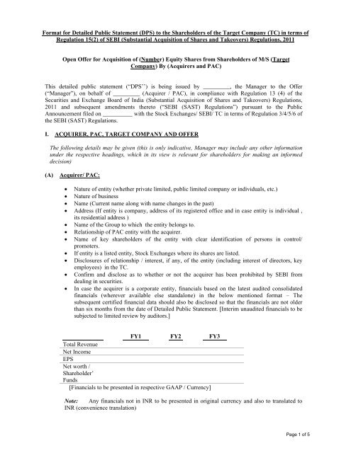 Format for Detailed Public Statement (DPS) to the ... - Taxmann