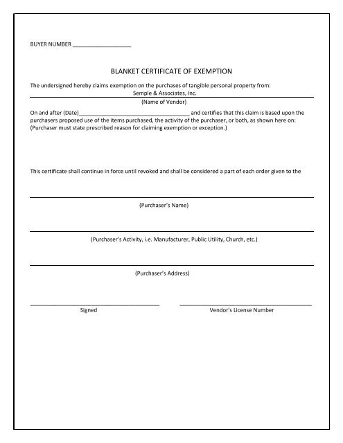 tax exemption form. - Semple & Associates