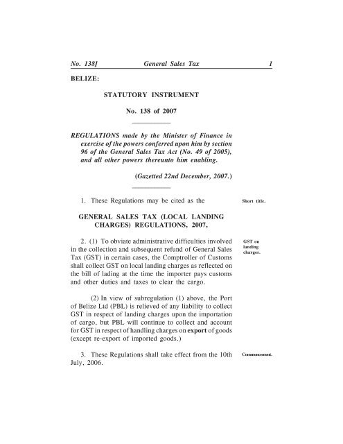 STATUTORY INSTRUMENT No. 138 of 2007 - The Belize ...