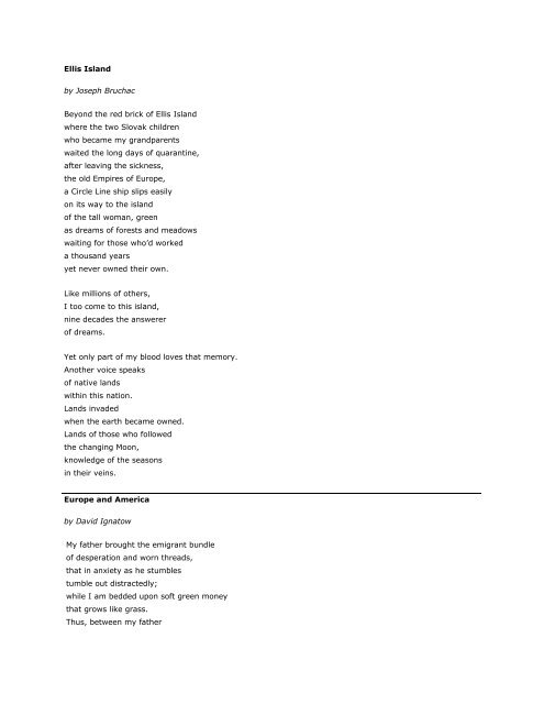 Ellis Island by Joseph Bruchac Beyond the red brick of Ellis Island ...