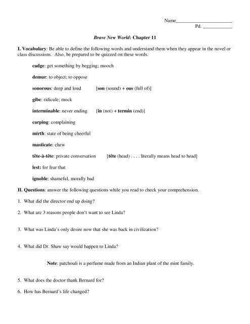 Brave New World: Chapter 11 I. Vocabulary