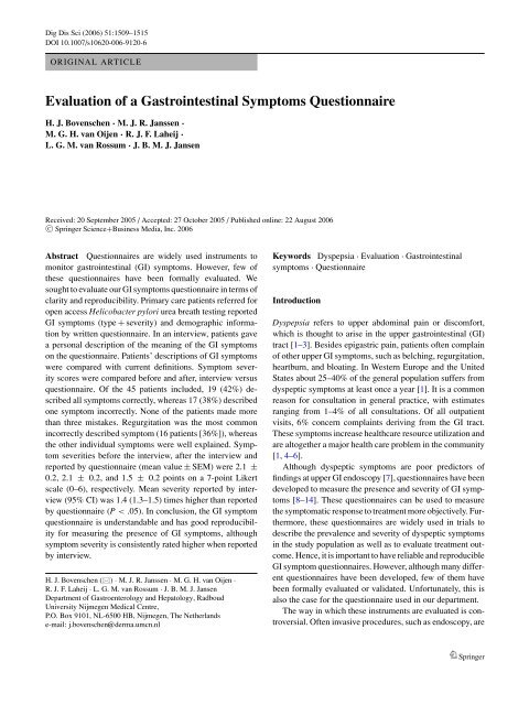 Evaluation of a Gastrointestinal Symptoms Questionnaire