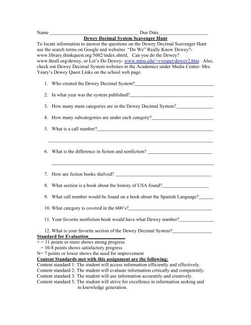 Rubric for Dewey Decimal Scavenger Hunt