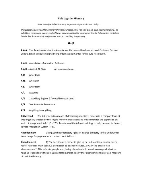 Cole Logistics Glossary - SCM Resource Centre