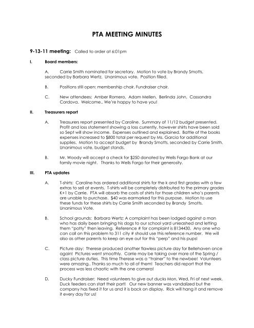 September PTA Meeting Minutes - Bellehaven Elementary School