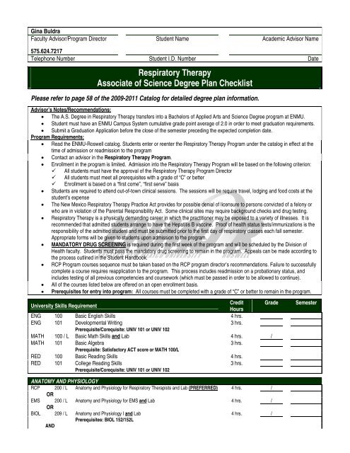 Respiratory Therapy Associate of Science Degree Plan Checklist