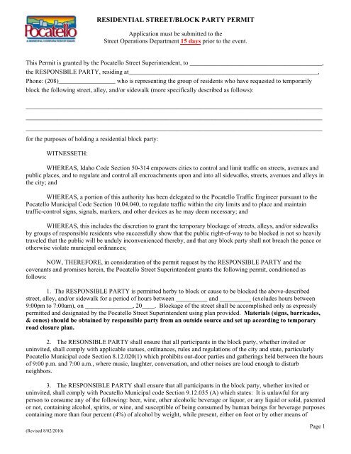 Residential Street/Block Party Permit Request - City of Pocatello