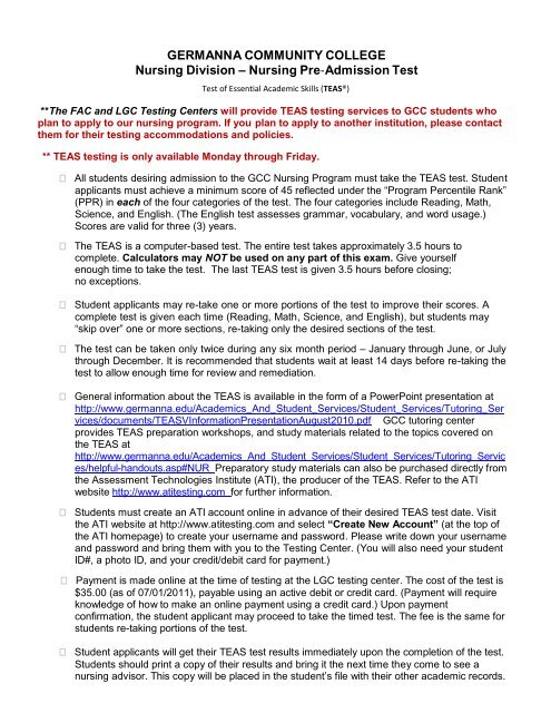 Nursing Preâ Admission Test - Germanna Community College