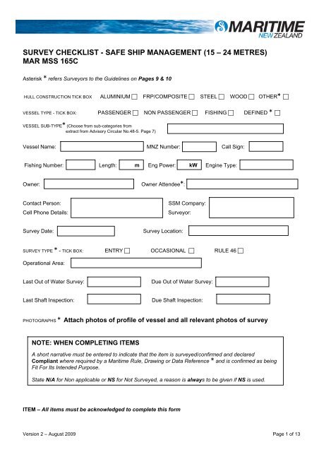 Ships survey checklist, 15m to 24m OAL - Maritime New Zealand