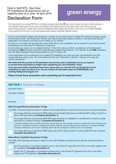 New PV Declaration form - Green Energy UK