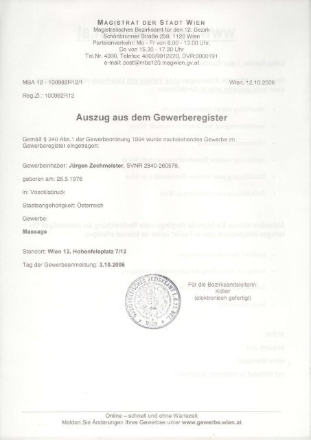 Auszug aus dem Gewerberegister Auszug aus dem Gewerberegister