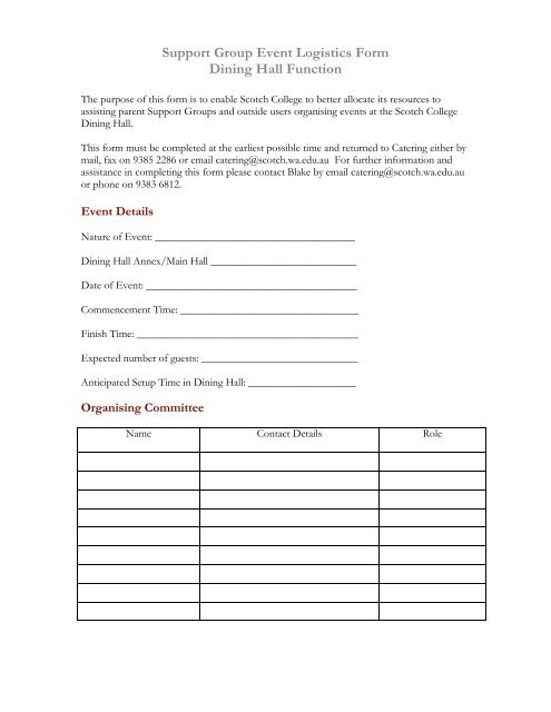 Support Group Event Logistics Form Dining Hall Function