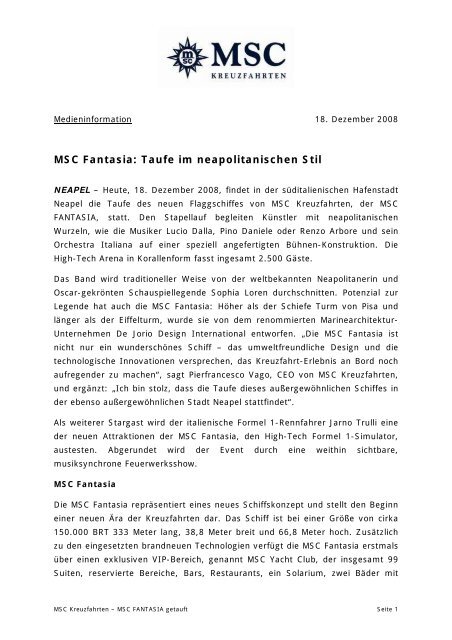 MSC Fantasia: Taufe im neapolitanischen Stil - MSC Kreuzfahrten