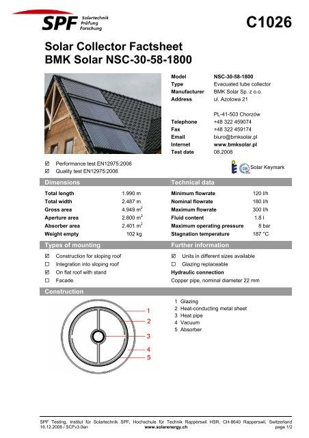 Solar Collector Factsheet BMK Solar NSC-30-58-1800 - Institut fÃƒÂ¼r ...