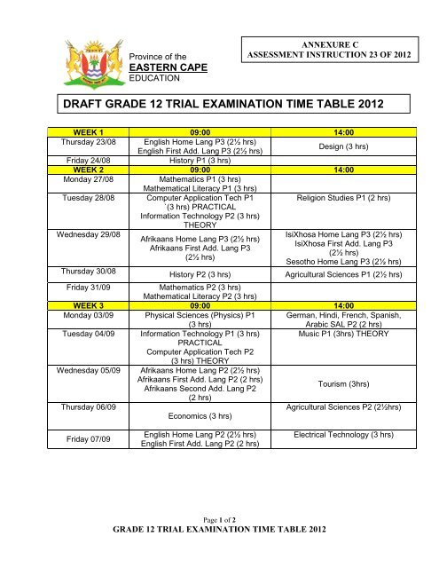 draft grade 12 trial examination time table 2012 - Ecexams.co.za