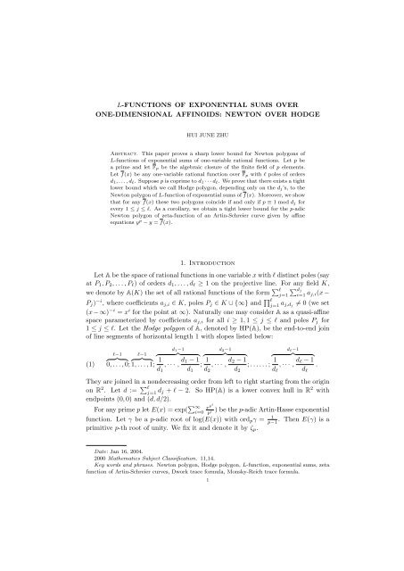 L-FUNCTIONS OF EXPONENTIAL SUMS OVER ONE ...