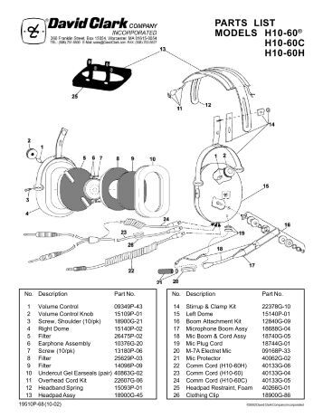 parts list model h10-56hx headset only - David Clark Company ...