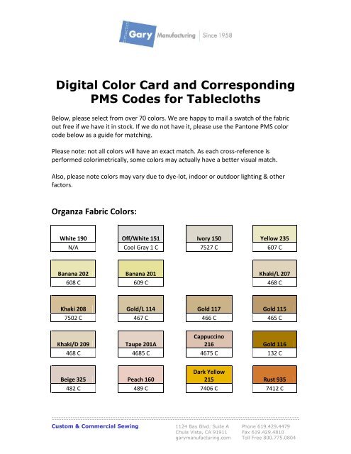 Digital Color Card and Corresponding PMS Codes for Tablecloths