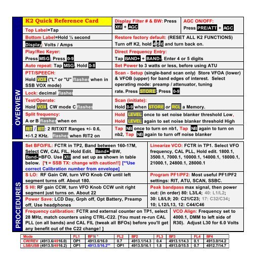 New K2 Quick Reference Card - Elecraft