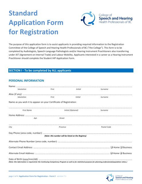Standard Application Form for Registration - College of Speech and ...