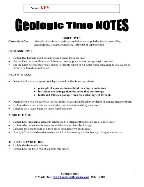Geologic Time Notes Key - Learn Earth Science
