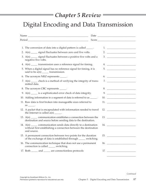 Chapter 5 Review Worksheet