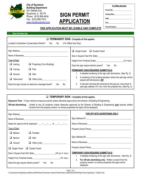 SIGN PERMIT APPLICATION - the City of Sycamore!