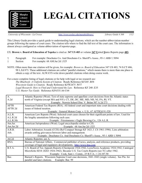 LEGAL CITATIONS - University of Wisconsin La Crosse