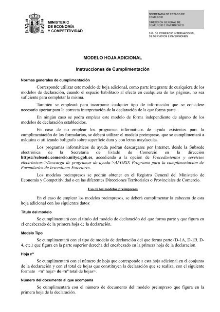 MODELO HOJA ADICIONAL Instrucciones de ... - Comercio.es