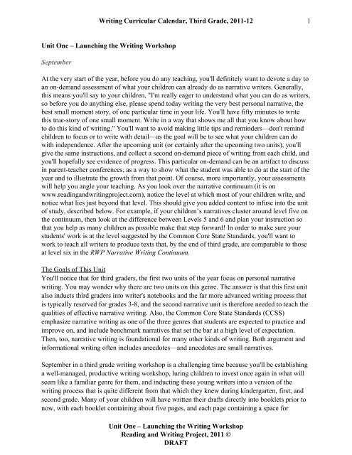 3rd Grade Writing Unit 01 Launching the Writing Workshop