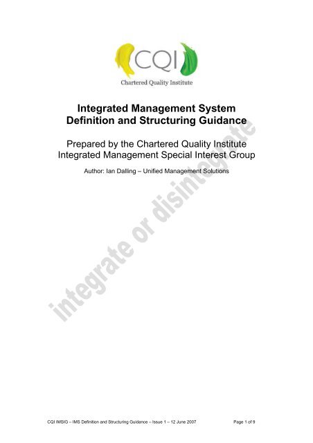 Integrated Management System Definition and Structuring Guidance