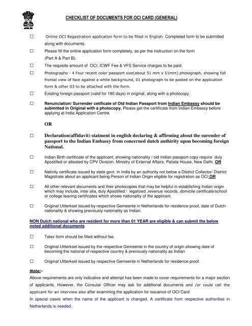 CHECKLIST OF DOCUMENTS FOR OCI CARD VFS Global
