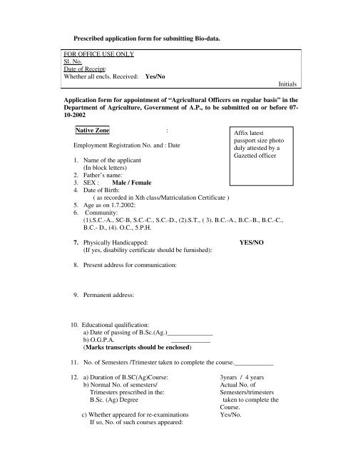 Prescribed application form for submitting Bio-data. FOR ... - AP Online