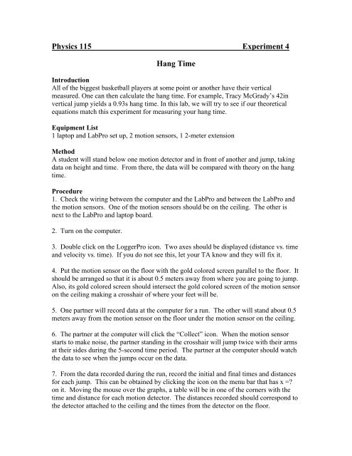 Physics 115 Experiment 4 Hang Time
