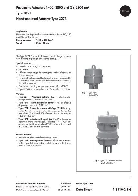 Pneumatic Actuators 1400, 2800 and 2 x 2800 cm² Type 3271 Hand ...