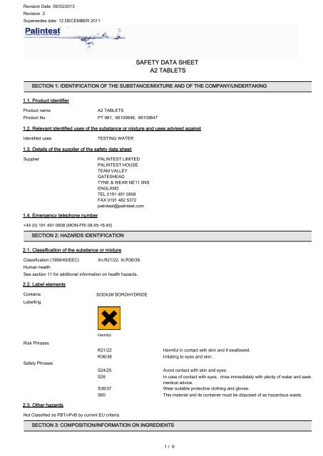 SAFETY DATA SHEET A2 TABLETS - Palintest