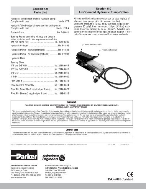 Hydraulic Tube Bender - Parker Autoclave Engineers